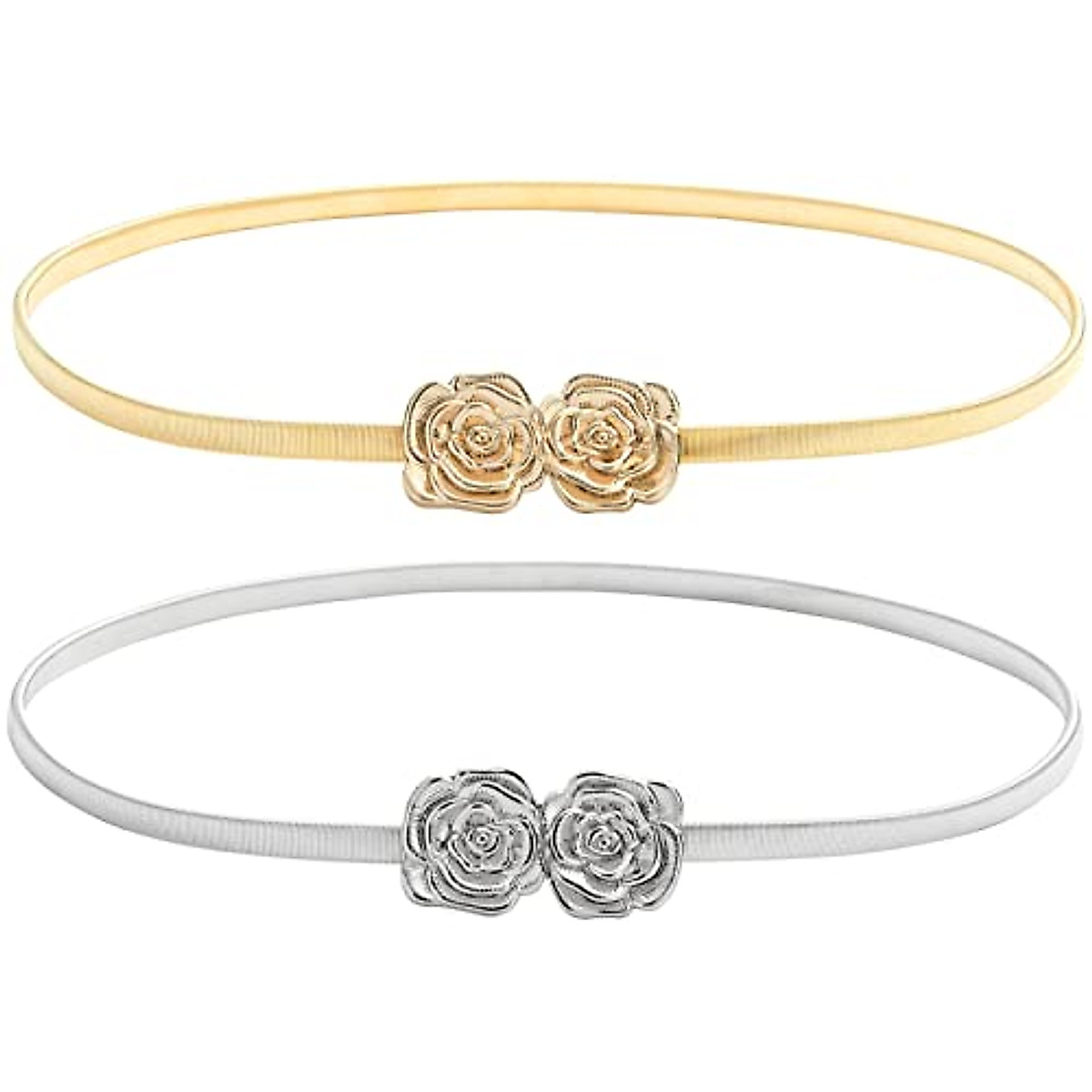 Juvale 4-Pack of Adjustable Fancy Dress Belts for Women, Skinny Stretch Metallic Waist Belts for Dresses, Blouse, Leaf and Rose Designs, Silver and Gold (27x0.35 in)