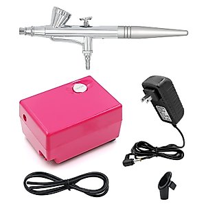Airbrush Makeup Set Pinkiou Air Brush Kit for Face Paint with Mini Compressor 0.4mm Needle and Nozzle Nail Body Paint SP16 (RED)
