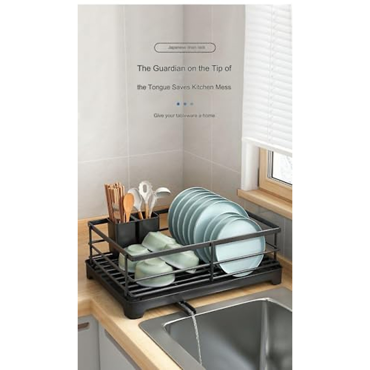 Dish Drying Rack Multifunctional Dish Rack for Kitchen Counter,Dish Rack with Drainboard, Rotatable Drain Spout, for Kitchen Counter and Sink, Cup Holder,Chopstick rest Utensil Holder,(Black)