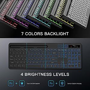 Soueto Wireless Keyboard with 7 Colors & 4 Modes RGB Backlit, Ergonomic Keyboard with Wrist Rest, Phone Tablet Holder, 2.4G Light Up Computer Keyboard with Numeric Keypad for Mac, Windows