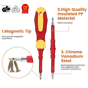 ToolinHand1000V Insulated Electrician Screwdriver Set Phillips Slotted Torx Hex Square Strong Magnetic Bit Professional Electrical Screw Driver Set Tools for Man with Case Household Repair