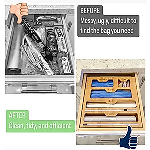 5 in 1 Ziplock Bag Organizer for Drawer - Easy to Use Plastic & Aluminum Foil Wrap Dispenser With Cutter Made of Premium Quality Solid Bamboo - Compatible for Gallon, Quart, Sandwich & Snack Size