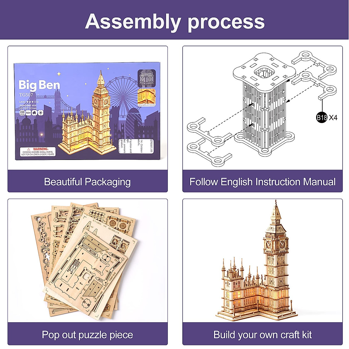 ROBOTIME 3D Puzzle for Adults Wooden Craft Kits for Teens DIY Construction Model Kit with LED Light to Build Educational Big Ben Set Toys Birthday Gifts