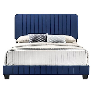 Indulge in Opulence with King Bed in Navy Blue Velvet - Channel Tufted Elegance, Customizable Mattress Support, Effortless Assembly, Versatile Sizing, and Diverse Color Selection!