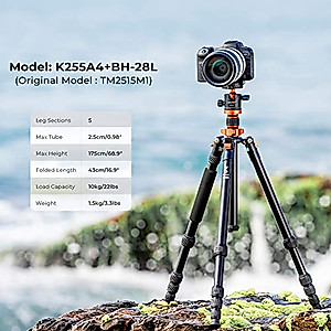 K&F Concept 68 inch /175cm Camera Tripods,Compact Travel Tripod with Monopod,10kg/22lbs Load Capacity 360° Panorama Ball Head Compatible with DSLR Cameras K255A4+BH-28L (TM2515M1)
