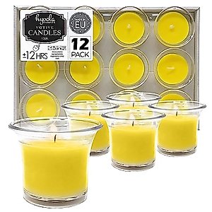 HYOOLA Clear Cup Filled Citronella Votive Candles - 12 Hour Burn Time - 12-Pack, Ideal Bug Repellent Candles, European Made