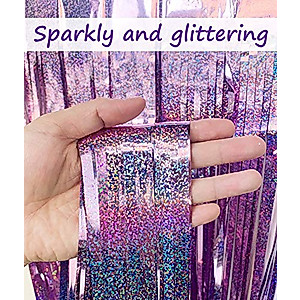 Vanujoy 2 Pack Iridescent Pinkish Purple Foil Fringe Backdrop Curtains - Pink Tinsel Curtain Wall Door Decoratons for Birthday Bachelorette Party Engagement Bridal Shower Baby Shower