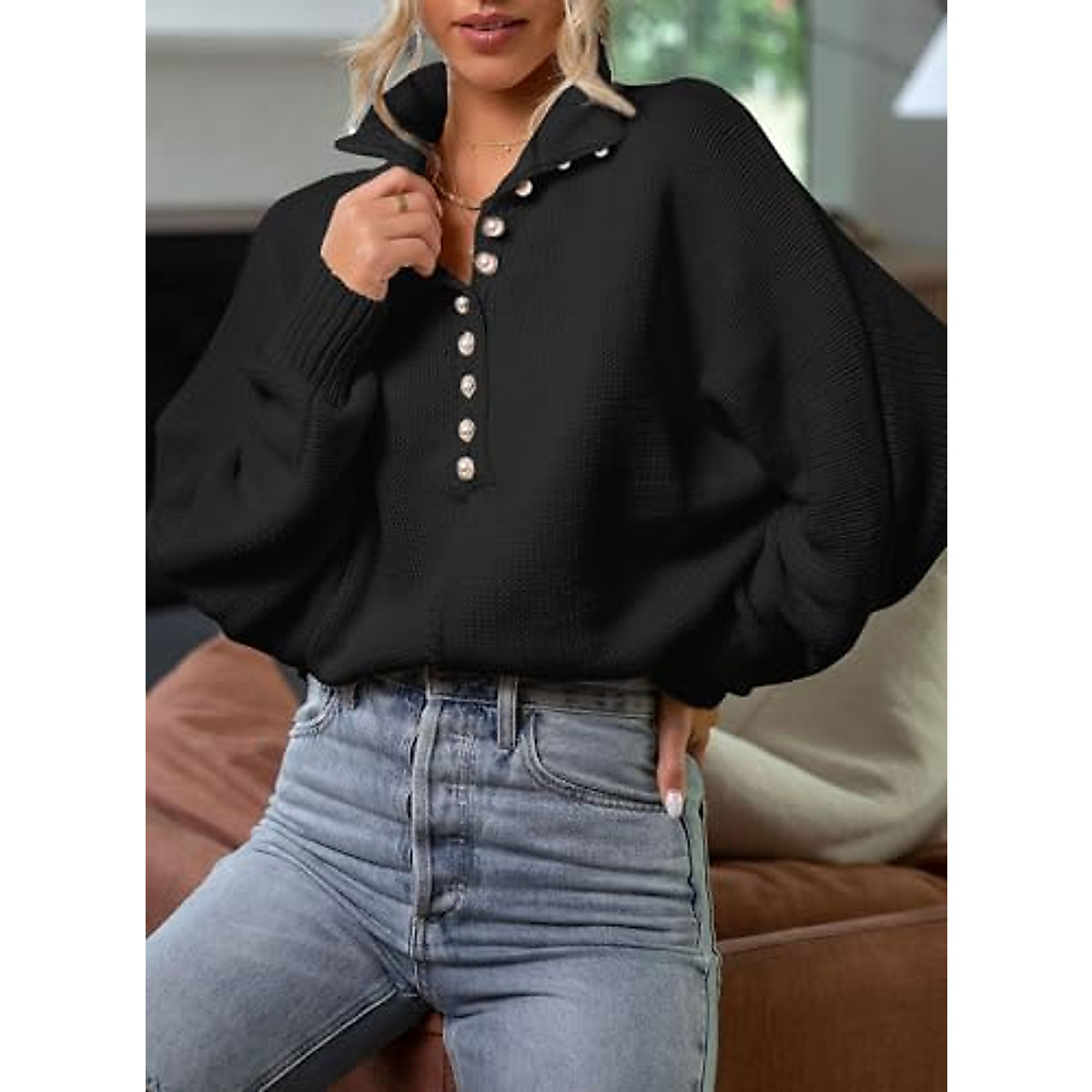 EVALESS Womens Fall Knit Chunky Oversized Sweater 2024 Trendy Fashion Stand Collar Button-Up Long Sleeve V Neck Pullover Tops Outfits Clothes Black X-Large