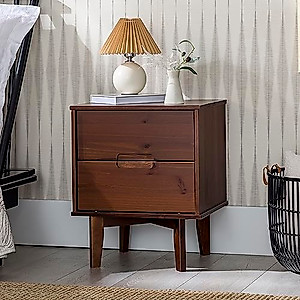 Walker Edison Mid Century Modern Grooved Handle Wood Nightstand Side Table Bedroom Storage Drawer and Shelf Bedside End Table, 2 Drawer, Walnut