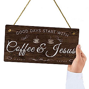 Putuo Decor Coffee Sign, Kitchen Coffee Bar Decor, 12 x 6 Hanging Plaque, Gifts for Coffee Lover (Good Days Start with Coffee & Jesus)