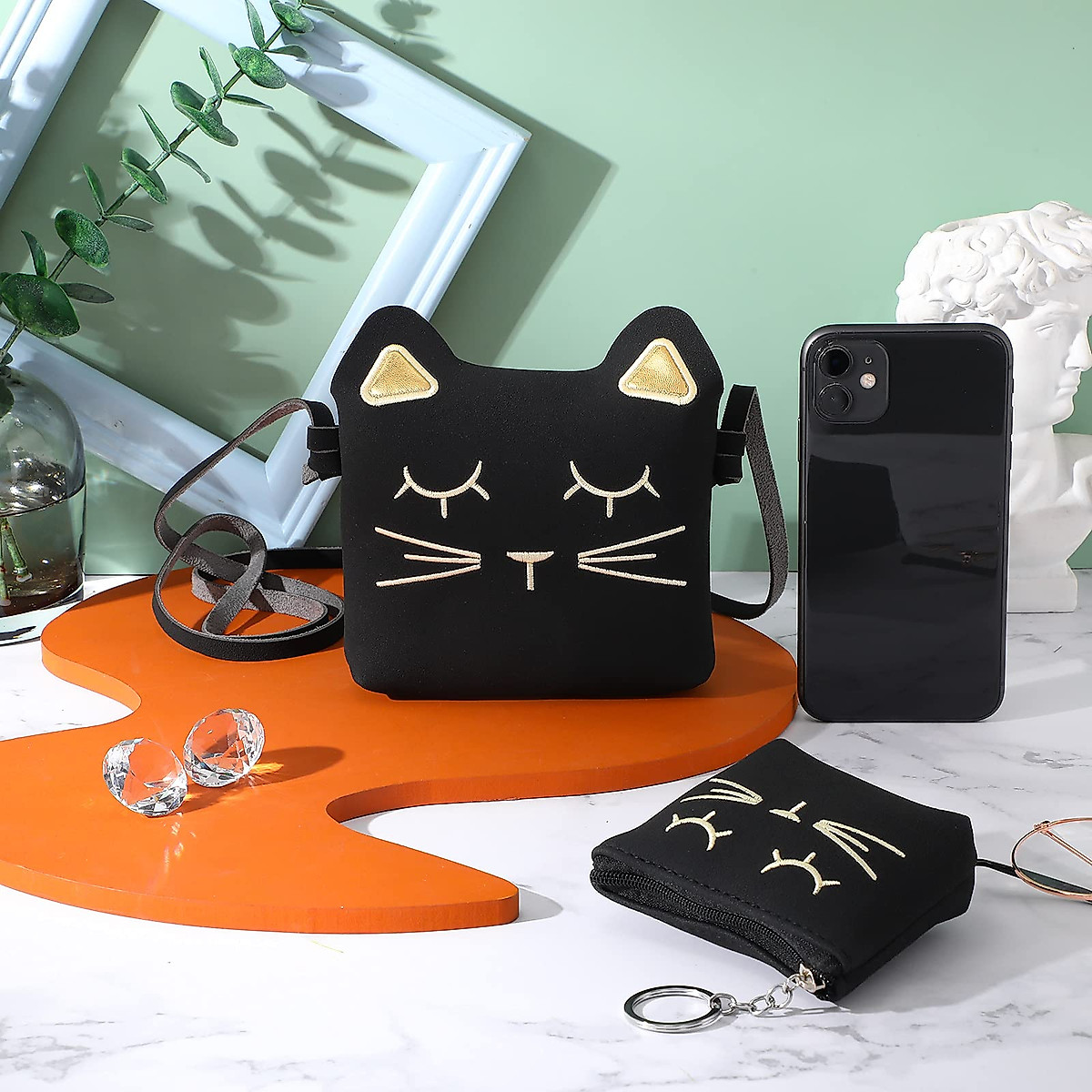 Weewooday 3 Pcs Cat Shoulder Bag Set, Christmas Cute Crossbody Bag Gift Hand Bags with Mini Coin Purse Cat Headband Gifts for Girls (Black)