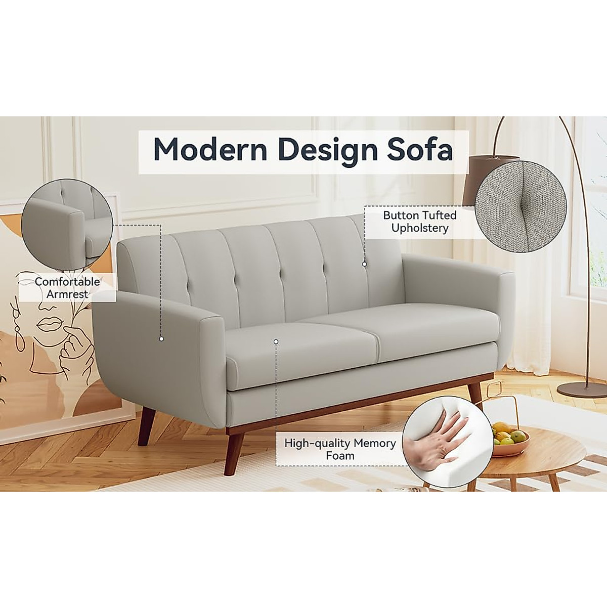 Cozysnooze 65.4" Loveseat Sofa,Memory Foam Futon Sofa Couch Sleeper,Linen Fabric Upholstered 2-Seat Sofa for Living Room,Apartment,Bedroom,Office,Grey