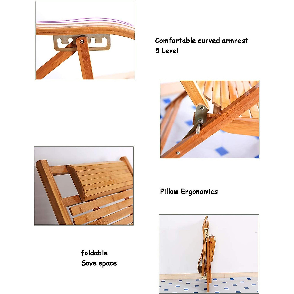 Lounge Chair, Lightweight Lounge Chairs Folding Reclining Garden Deck Chair Sun Lounger Zero Chair Bamboo Backrest Beach Chairs Sun Bed Recliner with Brown Padded Adjustable Footrest Max.200kg