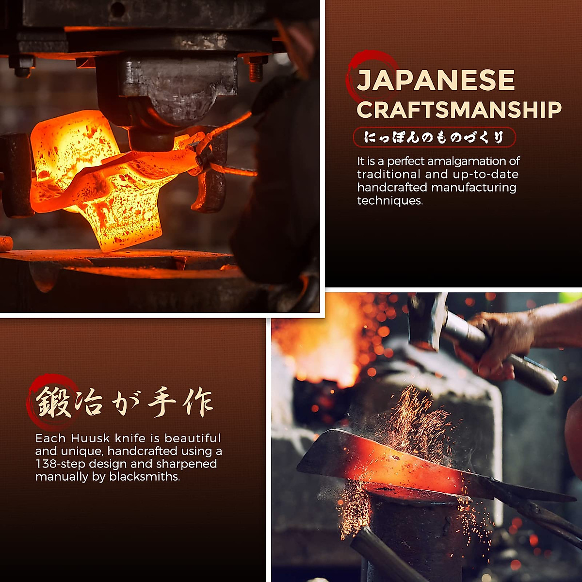 Huusk Upgraded Chef Knives Brown Bundle with Black Kitchen Camping Cooking Knife with Leather Sheath and Gift Box