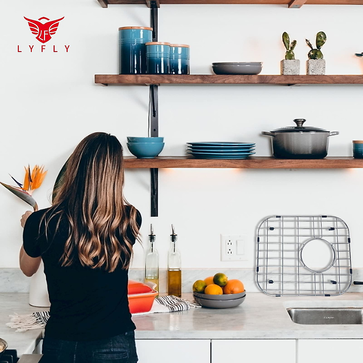 LYFLY 12.6×14.6 inches with Rear Drain for Sink, Kitchen Sink Grid, Stainless Steel sink protector, sink rack, Sink Mat, sink protectors for kitchen sink S-