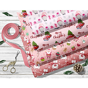 SaringSwoon Pink Christmas Wrapping Paper for Boys Girls Kids - Xmas Gift Wrap With Santa, Gnome, Rustic Red Trucks, Polar Bear on Pink Designs - 40×28 Inches, 6 Folded Sheets