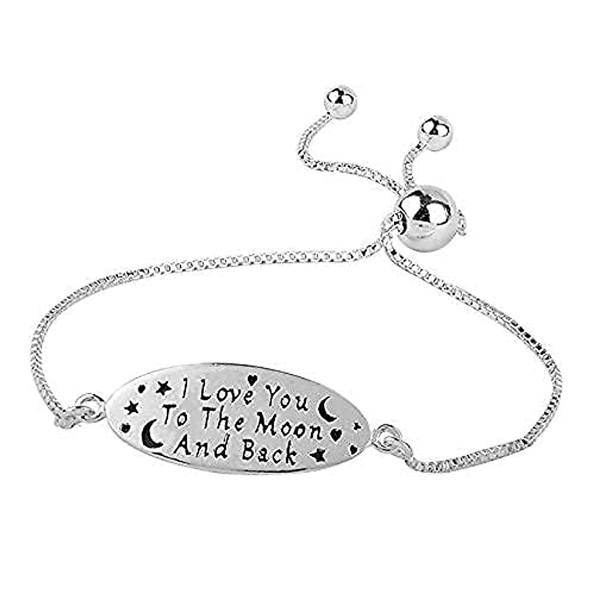 PORI JEWELERS 925 Sterling Silver I Love You To The Moon and Back Inspirational Quote Adjustable Charm Bracelet - Yellow or Silver (Silver)