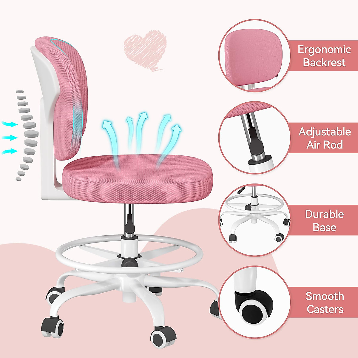 Nebuaegis Kids Desk Chair with Footrest, Swivel Height Adjustable Child Study Chair, Mesh Fabric Upholstered Office Chair with Wheels, Task Student Chair for Boy Girl in Bedroom Reading Room,Pink