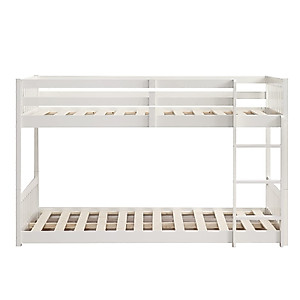 JOYMOR Solid Wood Low Twin Over Twin Bunk Bed for Kids/Toddlers/Junior, Bunk Bed Frame with Guardrails & Ladder for Boys Girls, No Box Spring Needed, White