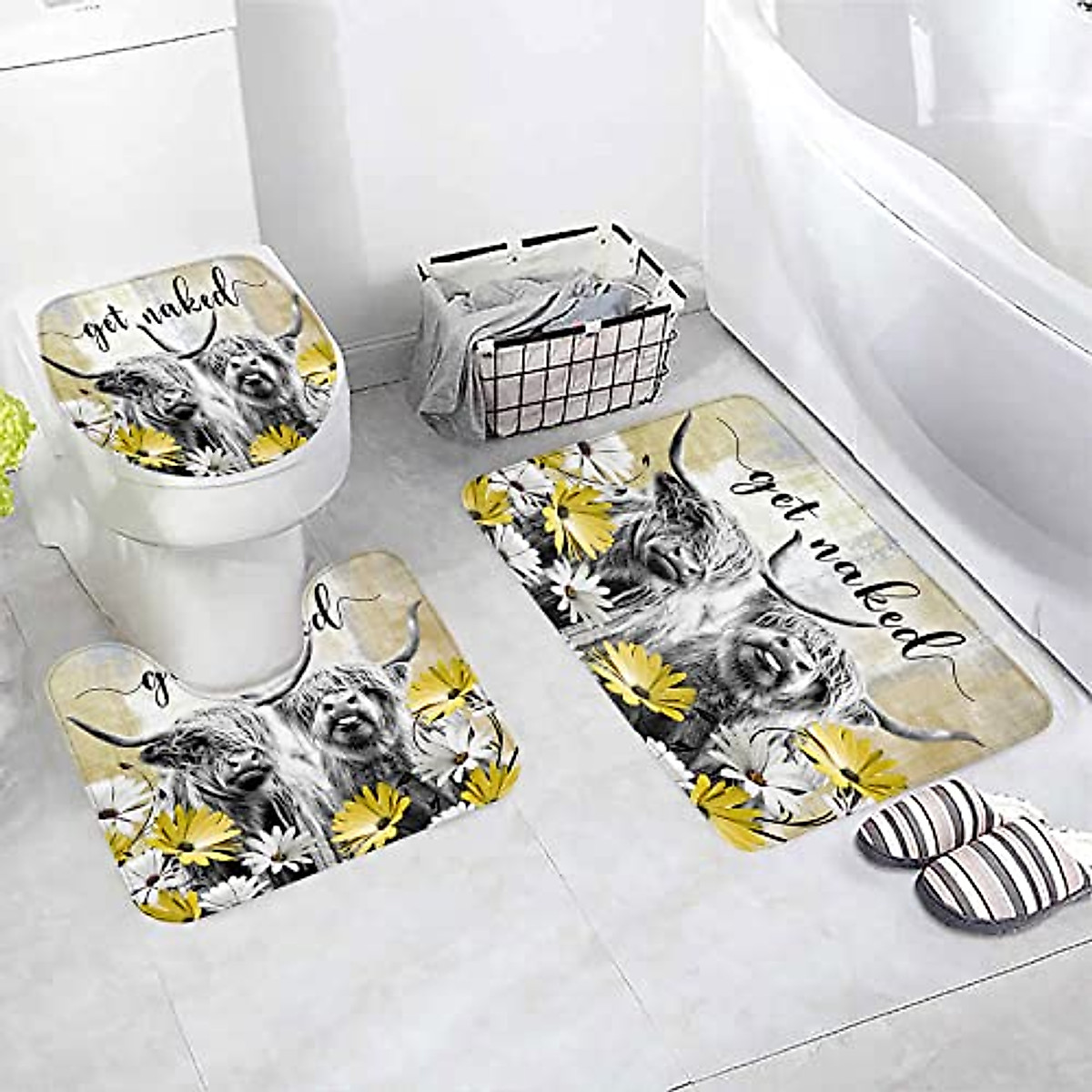 Bcsewcg Get Naked Floral Shower Curtain and Bath Mat Set, Farmhouse Highland Cow Funny Western Bull Bathroom Mat Set with Contour Toilet Mat, Mat and Toilet Lid Cover 69x70 Inch