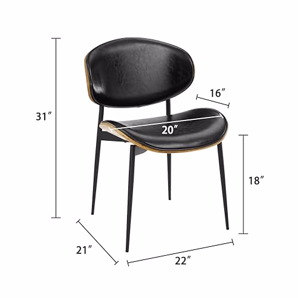 Art Leon Modern Faux Leather Dining Chairs, Mid Century Desk Chair No Wheels, Armless Accent Chair with Black Metal Legs, Set of 2, Black/Walnut