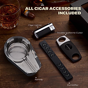Humidor Cigar Box for 25-50 Cigars with Lighter, Cutter and Ashtray, Digital Hygrometer and Humidifier, Spanish Cedar Lining and Divider, Cigar Accessories Gifts for Men