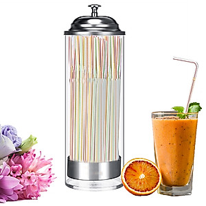 Straw Dispenser for Pencils with Stainless Steel Lid, Clear Acrylic Straw Holder, 100 Striped Plastic Straws