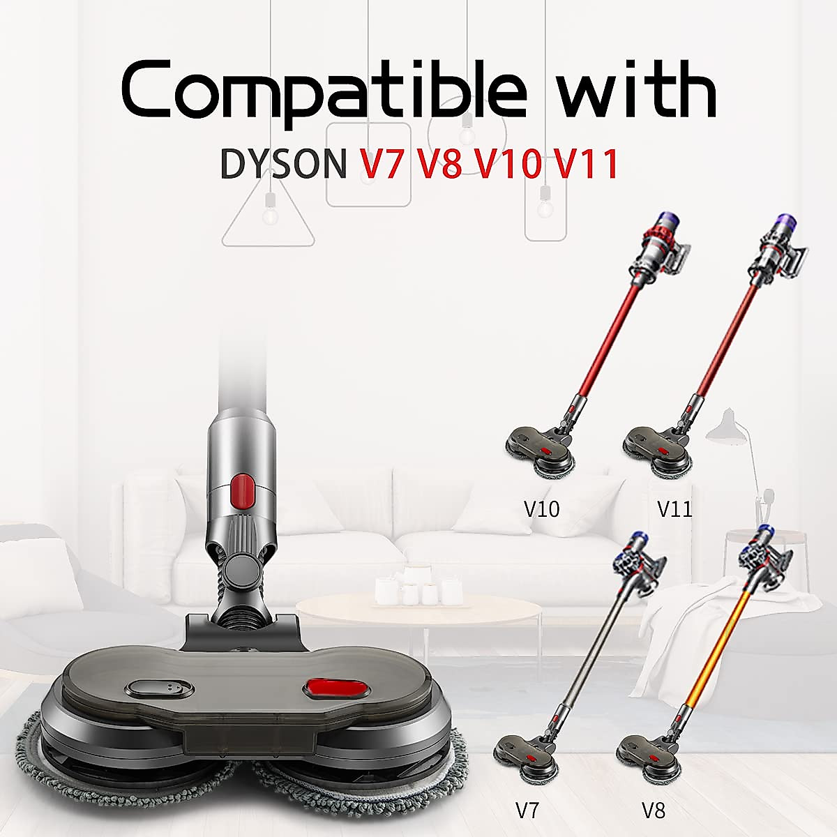 Electric Mop Head for Dyson V7 V8 V10 V11 Vacuum Cleaner, Electric Mop Attachment with LED Headlights Water Reservoir, 6 Reusable Mop Pads