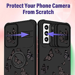 Funermei (2in1 for Samsung Galaxy S22 Case for Girls Women Cute Butterfly Cover Girly Aesthetic Black Pretty Fashion Design with Camera Cover and Ring Stand Funda for Galaxy S22 Phone Cases