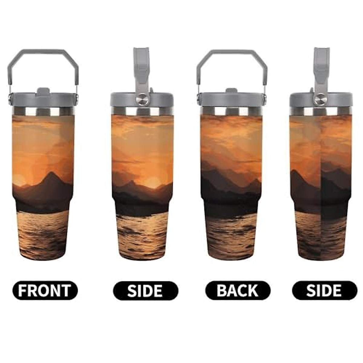 Mountain And Water at Sunset 30oz Stainless Steel Insulated Tumbler with Straw & Foldable Handle - Leakproof, Double-Wall Vacuum Travel Thermos for Hot/Cold Drinks, Non-Slip Base, Fit Cup Holders