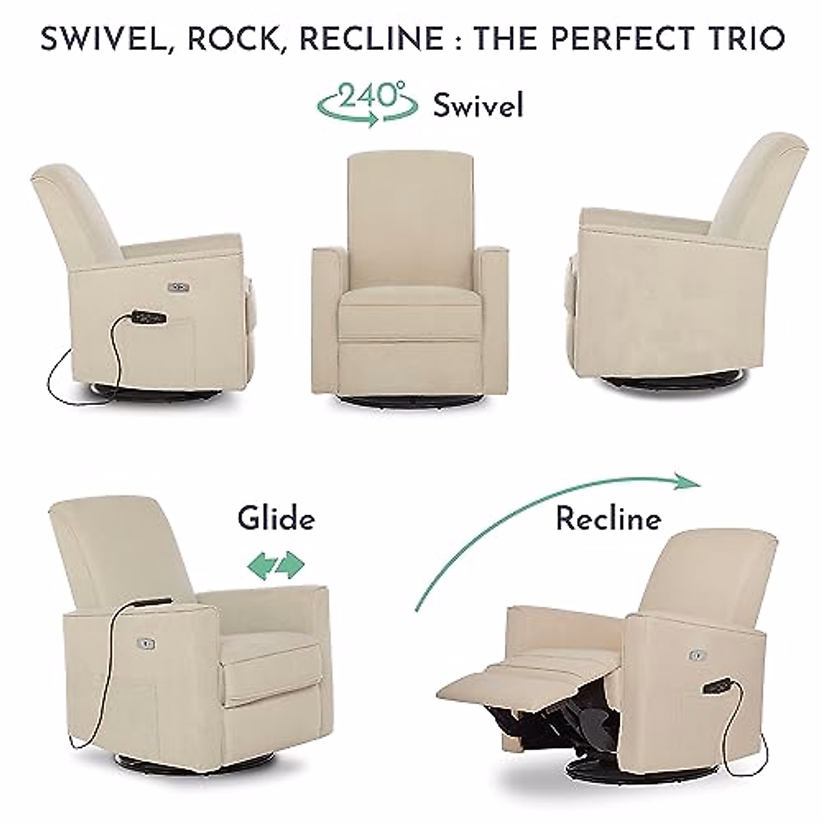 Evolur Harlow Deluxe Upholstered Plush Seating Glide Rocker, Swivel, Power Recliner USB Port with in-Built Massager, Greenguard Gold Certified, Glider Chair for Nursery in Shell