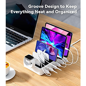 Honcila Charging station for multiple devices, 50W 6 Ports Multi Charger Station Charging Dock with Groove Design and 6 Mixed Charging Cables for iPhone, iPad, Kindle, Tablet, Cellphone and Others