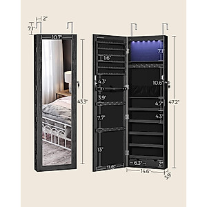 SONGMICS 6 LEDs Mirror Jewelry Cabinet, 47.2-Inch Tall Lockable Wall or Door Mounted Jewelry Armoire Organizer with Mirror, 2 Drawers, 3.9 x 14.6 x 47.2 Inches, Black UJJC093B01