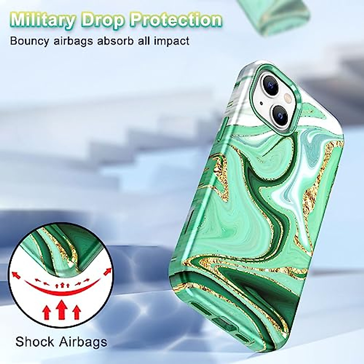 CASEFIV Compatible with iPhone 13 Case, Marble Pattern 3 in 1 Heavy Duty Shockproof Full Body Rugged Hard PC+Soft Silicone Drop Protective Girls Women Cover for iPhone 13 6.1 inch 2021, Green White