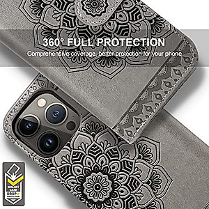 CASEOWL Compatible for iPhone 14 Pro Max Wallet Case[Support Magsafe Charger] 2-in-1 Magnetic Detachable[RFID Blocking] Mandala Embossed Flip Leather Wallet Case with Card Holder,Strap for Women(Gray)