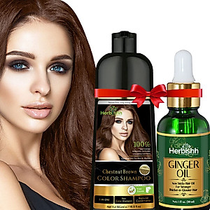 Herbishh Hair Strengthening Combo Contains Color Shampoo Dye 500ml Chestnut Brown + Ginger Oil For Hair Growth for Repairs Follicles, Promotes Stronger All Hair Types 30ml