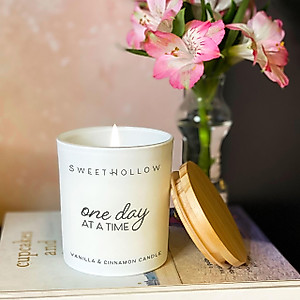 SweetHollow One Day at a Time Candle Gift, Inspirational Mantra, Spirituality, Recovery, Sobriety, Highly Scented & Long Lasting Coconut Wax, Vanilla & Cinnamon Fragrance, Large