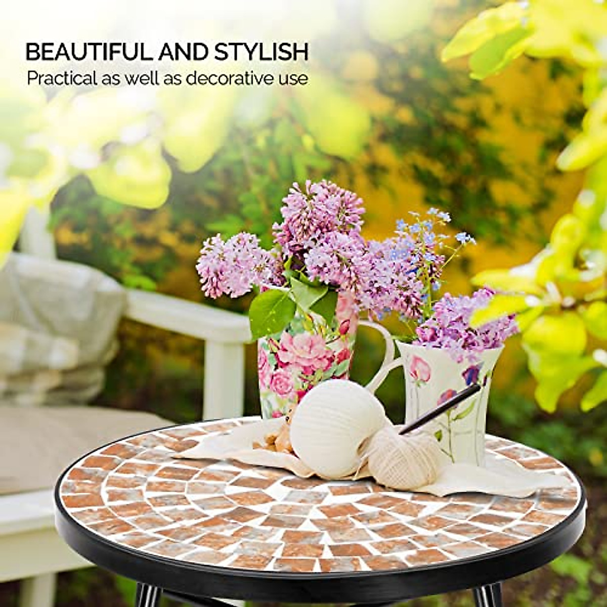 VINGLI Mosaic Outdoor Side Table, 14" Round End Table, Accent Table, Plant Stand Ideal for Pool Side, Porch, Patio, Deck or Sofa Side, Glass Top Black Iron, Golden Yard