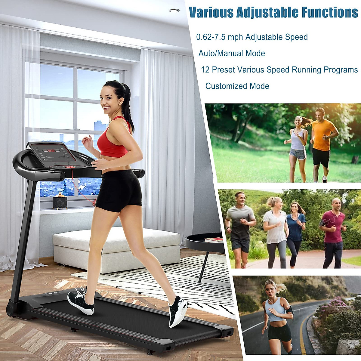 Goplus 2.25HP Electric Folding Treadmill, Portable Superfit Treadmill W/APP Control, LED Display, Blue Tooth Speaker, 12 Preset Programs, Compact Running Jogging Machine for Home Apartment