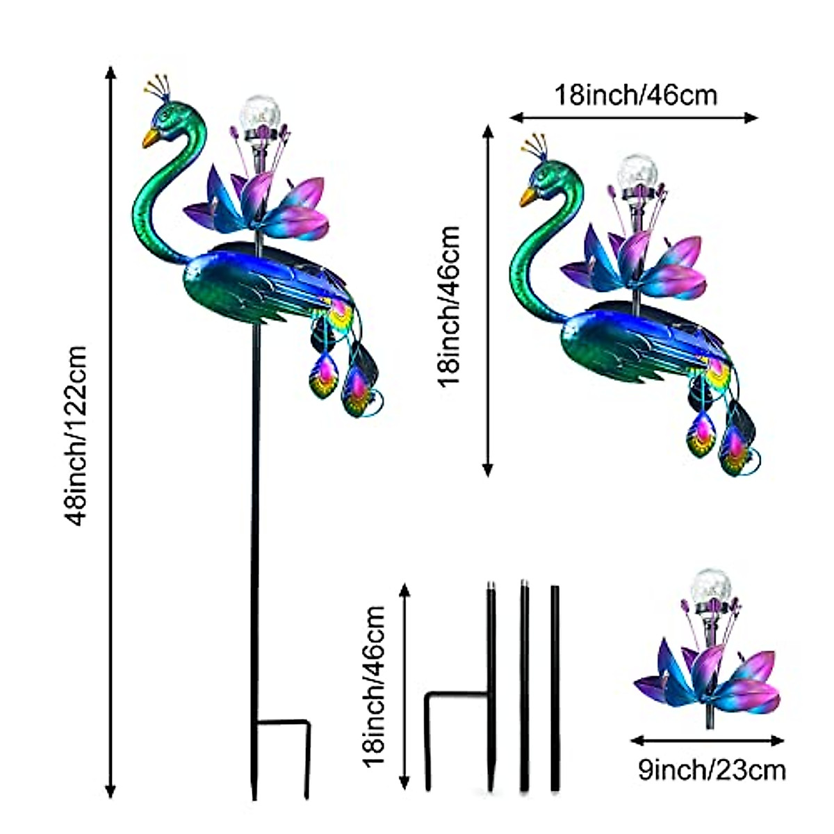 Solar Peacock Wind Spinner, Flower Wind Spinners, Peacock Statue Metal Kinetic Wind Sculpture for Outdoor Yard Patio Garden Decorations-47inch