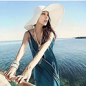 Women Wide Brim Straw Hat Travel Foldable Cap Sun Hat Summer Beach Sun Hat Holiday Swim Garden Straw Hat (White)
