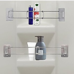 1 Pack RV Shower Corner Storage Bar- Adjustable 180° Stainless Steel Rod for Corner Shelves in Camper, RV Bath Accessory for Securing Toiletries- RV Bathroom Organization Must Have Accessories