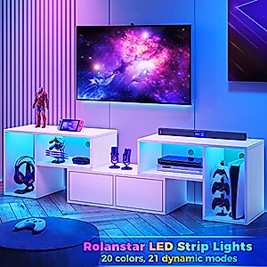 Rolanstar TV Stand, Deformable TV Stand with Power Outlets & LED Strip, Modern Entertainment Center for 45/50/55/60/65/70 inch TVs, 3 Pieces TV Stand with Open Storage and 2 Storage Cabinet, White