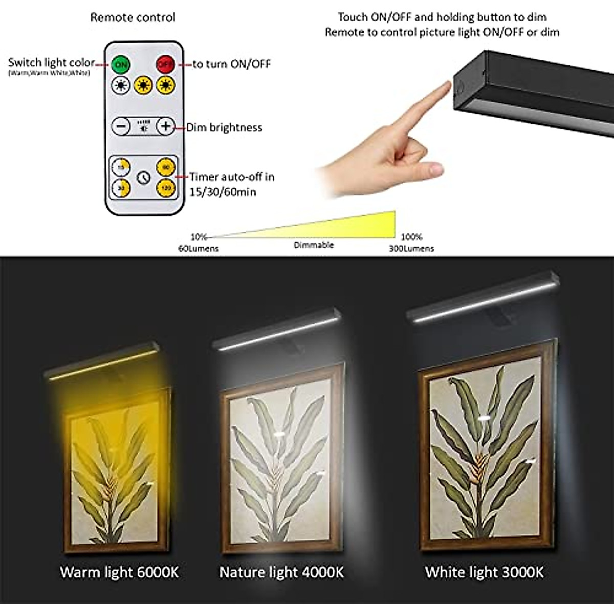 MIOBLUE Wireless Picture Lights,Rechargeable Battery Art Display Light with Remote Control, Dimmable/Timer Off Dartboard Light, 16 Inch Full Metal Accent Light with 40LEDs for Paintings, Picture,Frame