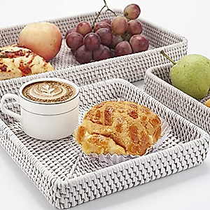Rattan Serving Tray, Rectangular Woven Tray, Natural Wicker Decorative Serving Baskets for Organizing Tabletop Bathroom Kitchen Counter (White)