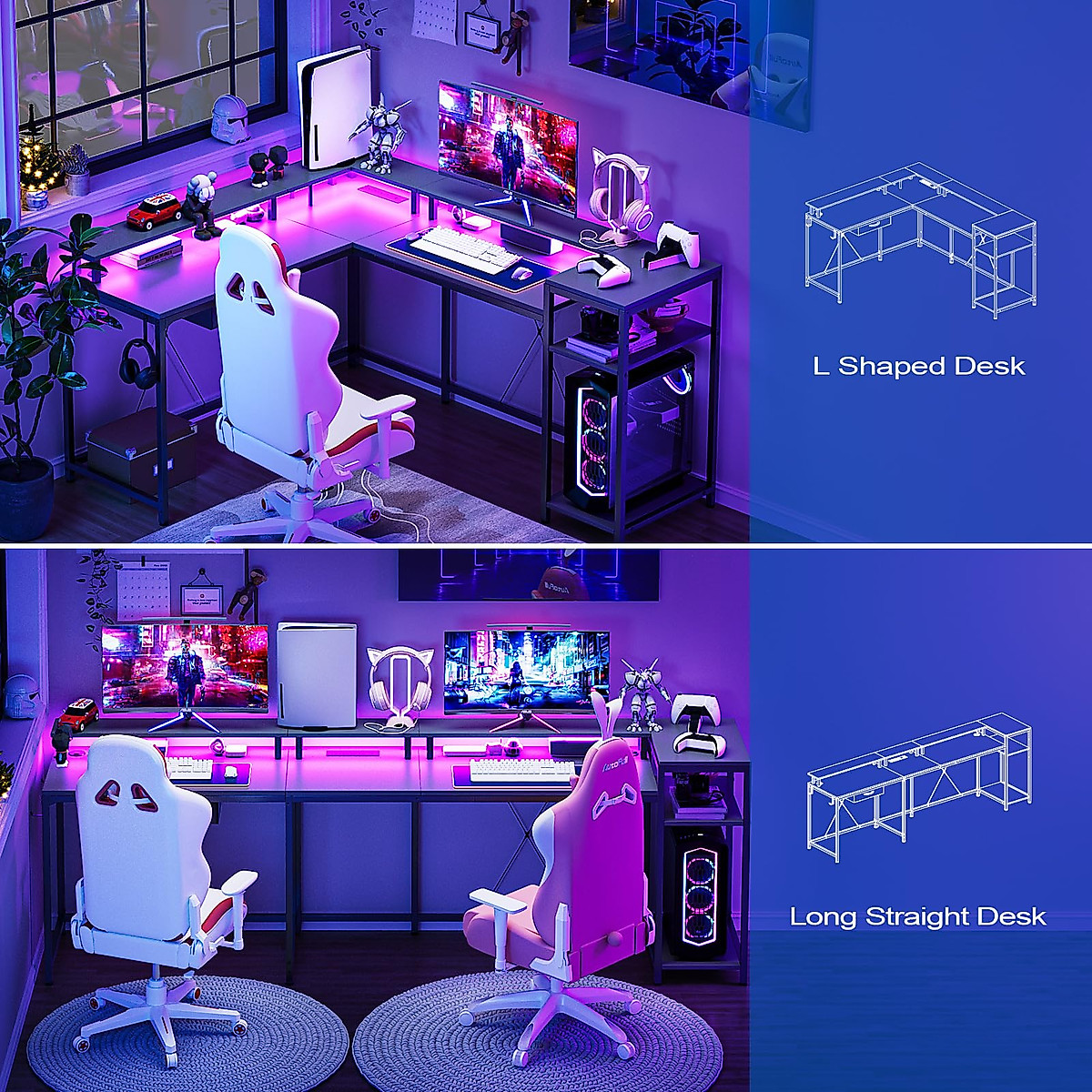 Jojoka L Shaped Gaming Desk,68" Computer Desk with Power Outlets & LED Lights, Home Office Desk with File Drawer, Corner Desk with Monitor Shelf and Hook, Two Person Desk (Black)