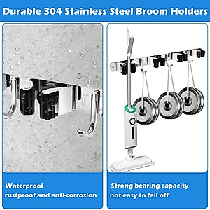 YUBYFA 2 Pack Mop Broom Holder Wall Mount self adhesive, Heavy Duty Stainless Steel with 4 Racks with 3 Hooks,14.7" L x 1.5" H,making Tools Organized and Within Reach(Black)