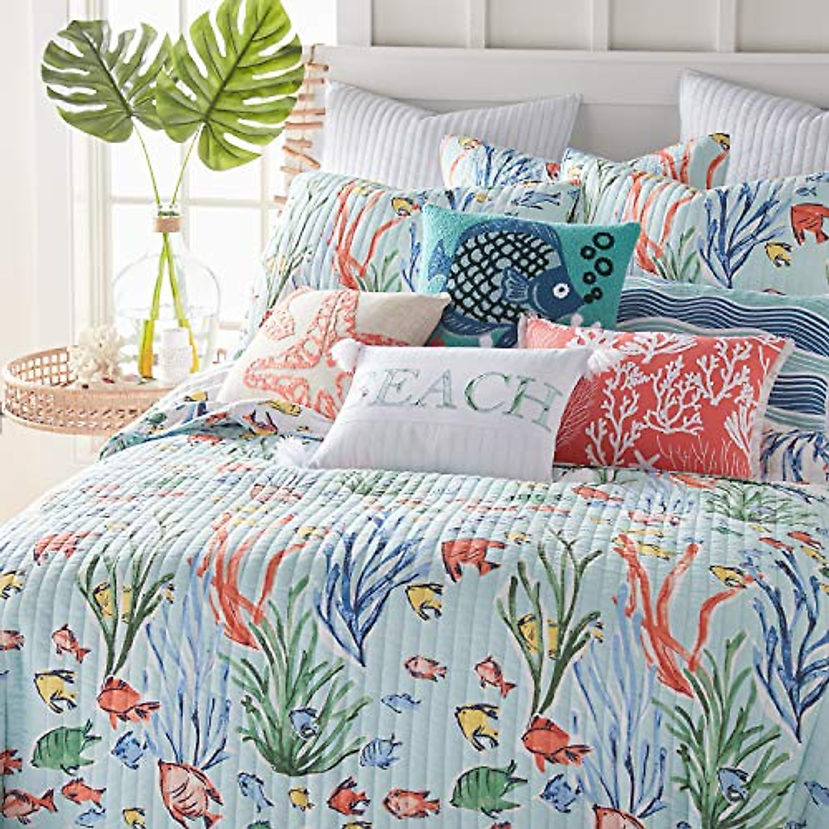 Levtex Home - Sancti Petri Quilt Set -Twin/Twin XL Quilt + One Standard Pillow Sham - Coastal - Yellow Blue Green Coral - Quilt Size (68x86in.) and Pillow Sham Size (26x20in.) - Reversible - Cotton
