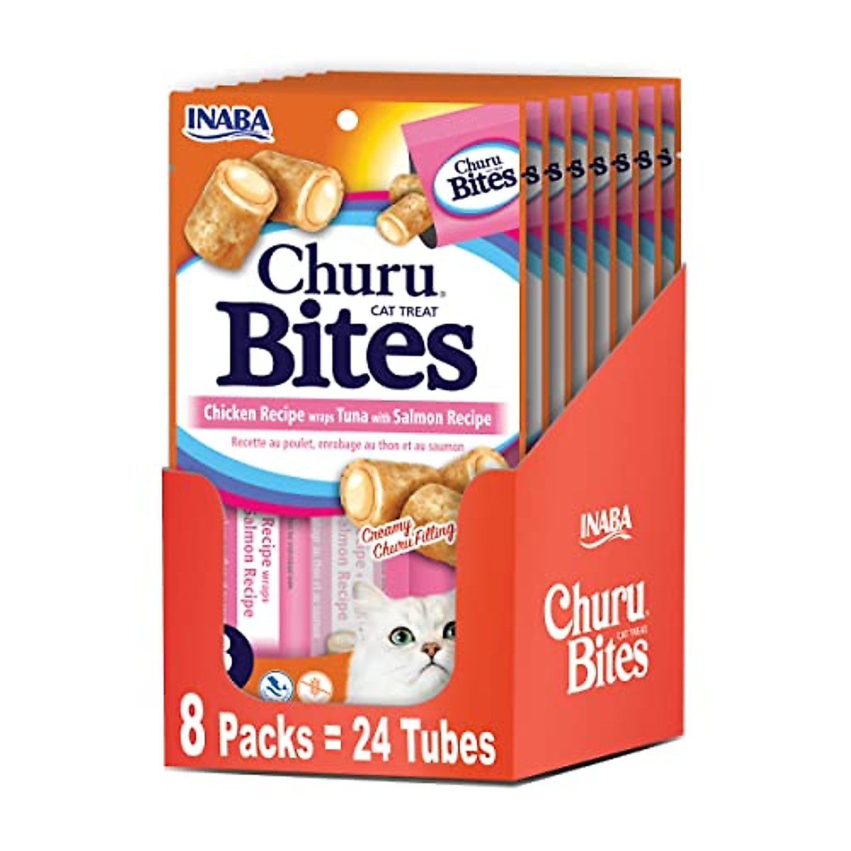 INABA Churu Bites for Cats, Grain-Free, Soft/Chewy Baked Chicken Wrapped Churu Filled Cat Treats with Vitamin E, 0.35 Ounces Each Tube| 24 Tubes Total (3 per Pack), Tuna with Salmon Recipe