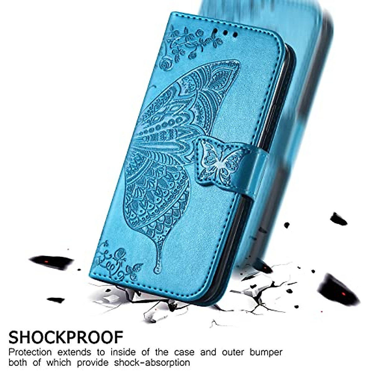 Designed for iPhone 13 Case Wallet for Women,Flip Folio Cover with Butterfly Embossed PU Leather Kickstand Credit Card Holder Slots Magnetic Wrist Strap Protective Phone Case for iPhone 13 (Blue)